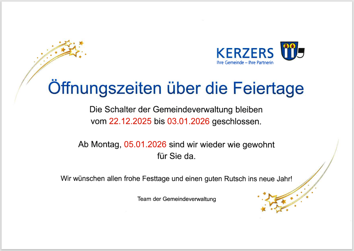 Öffnungszeiten über die Feiertagen 2025-2026 | Kerzers